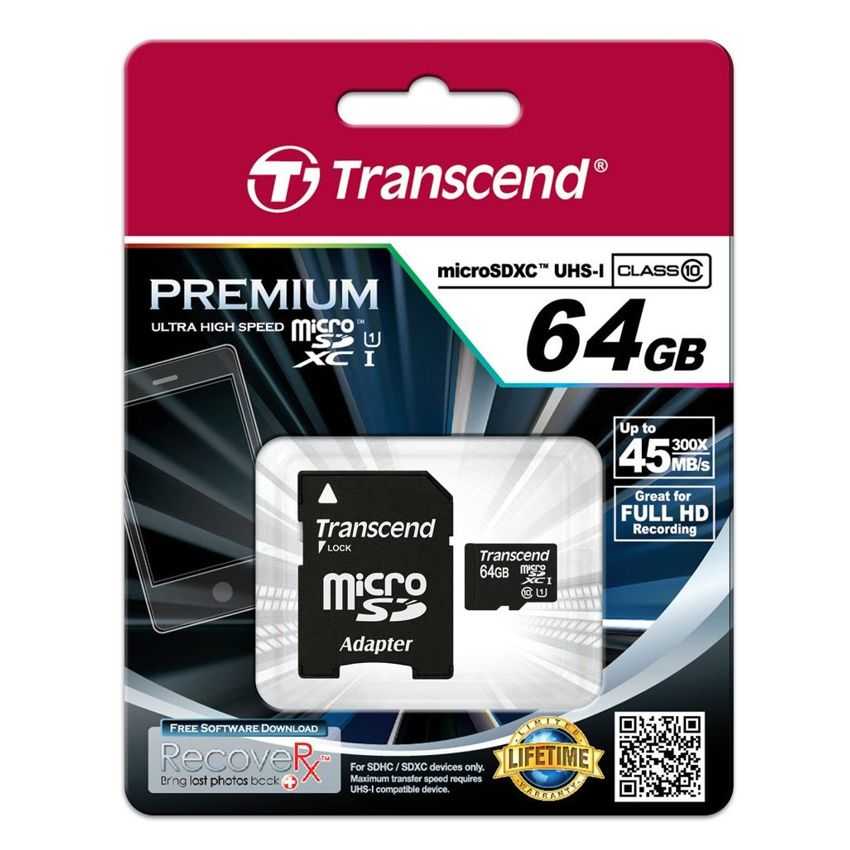 Tarjeta de Memoria MicroSDXC Transcend 64Gb. Clase 10 con Adaptador SD TS64GUSDU1 | QuickHard